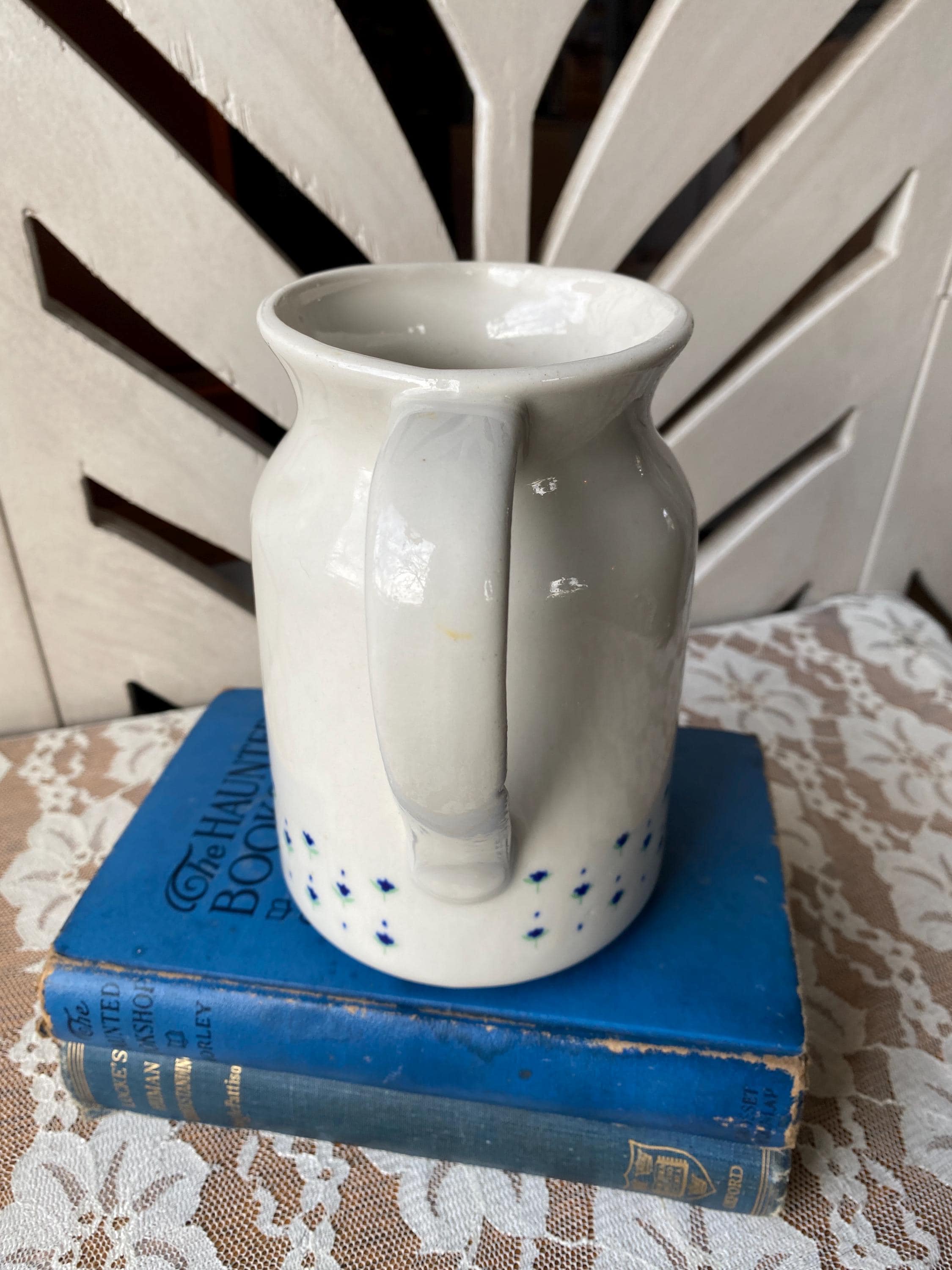 Vintage Lillian Vernon Blue Tulip Ceramic Pitcher Vase