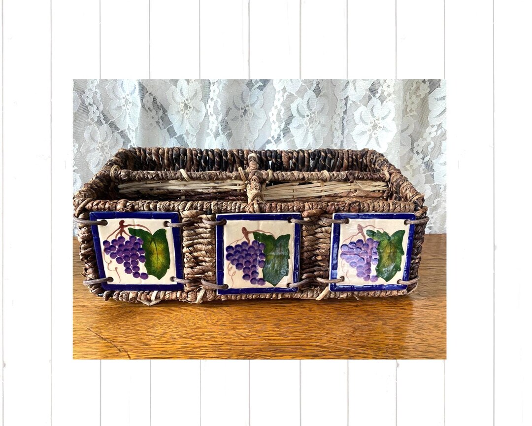 Vintage Woven Grass Desk Organizer: Grape Ceramic Tiles - Etsy