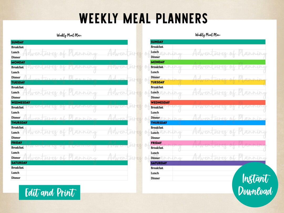 Weekly Meal Planner | Editable Planner | Printable Planner | Instant ...