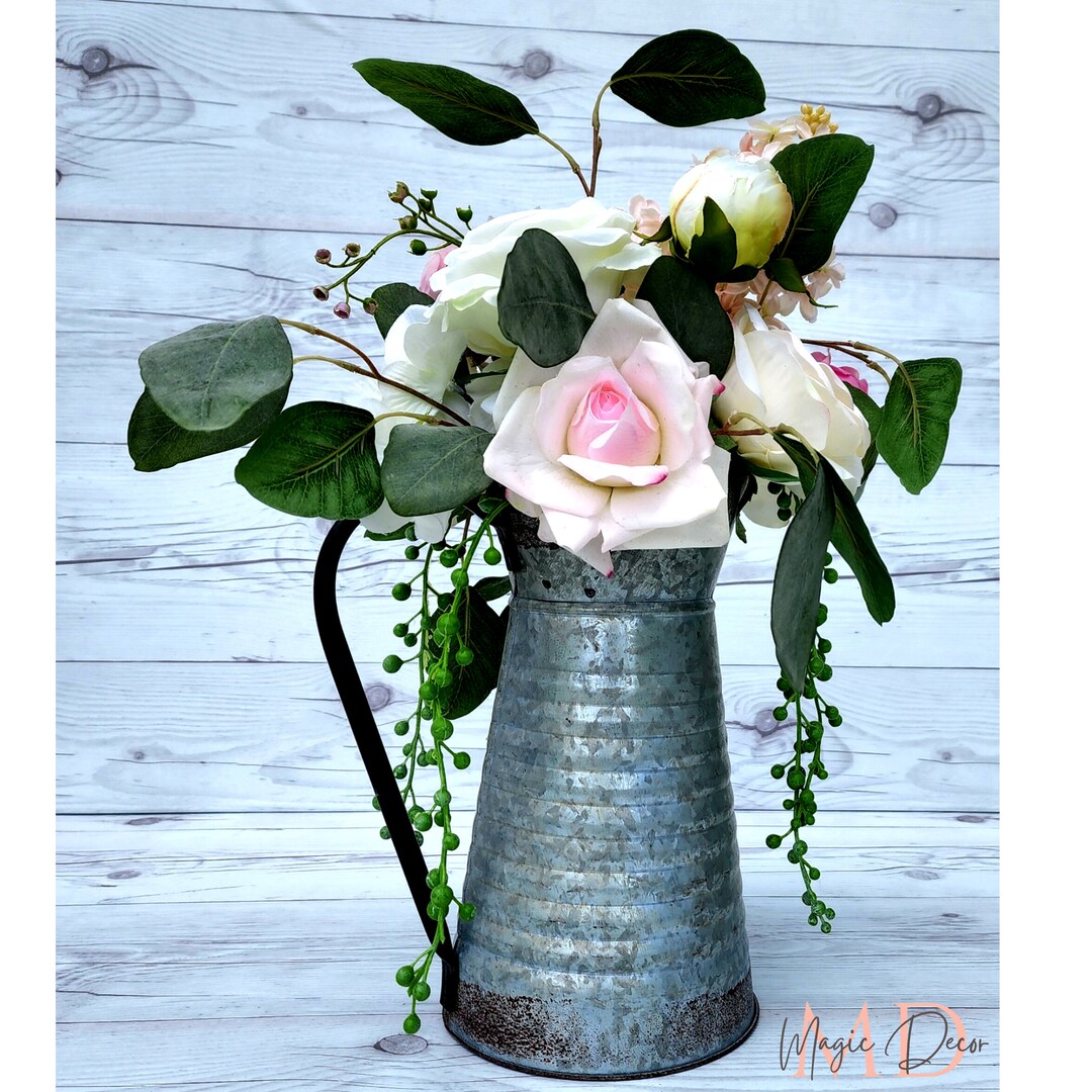 Table Decor, Farmhouse Pitcher, Galvanized Pitcher With Flower, Mother ...