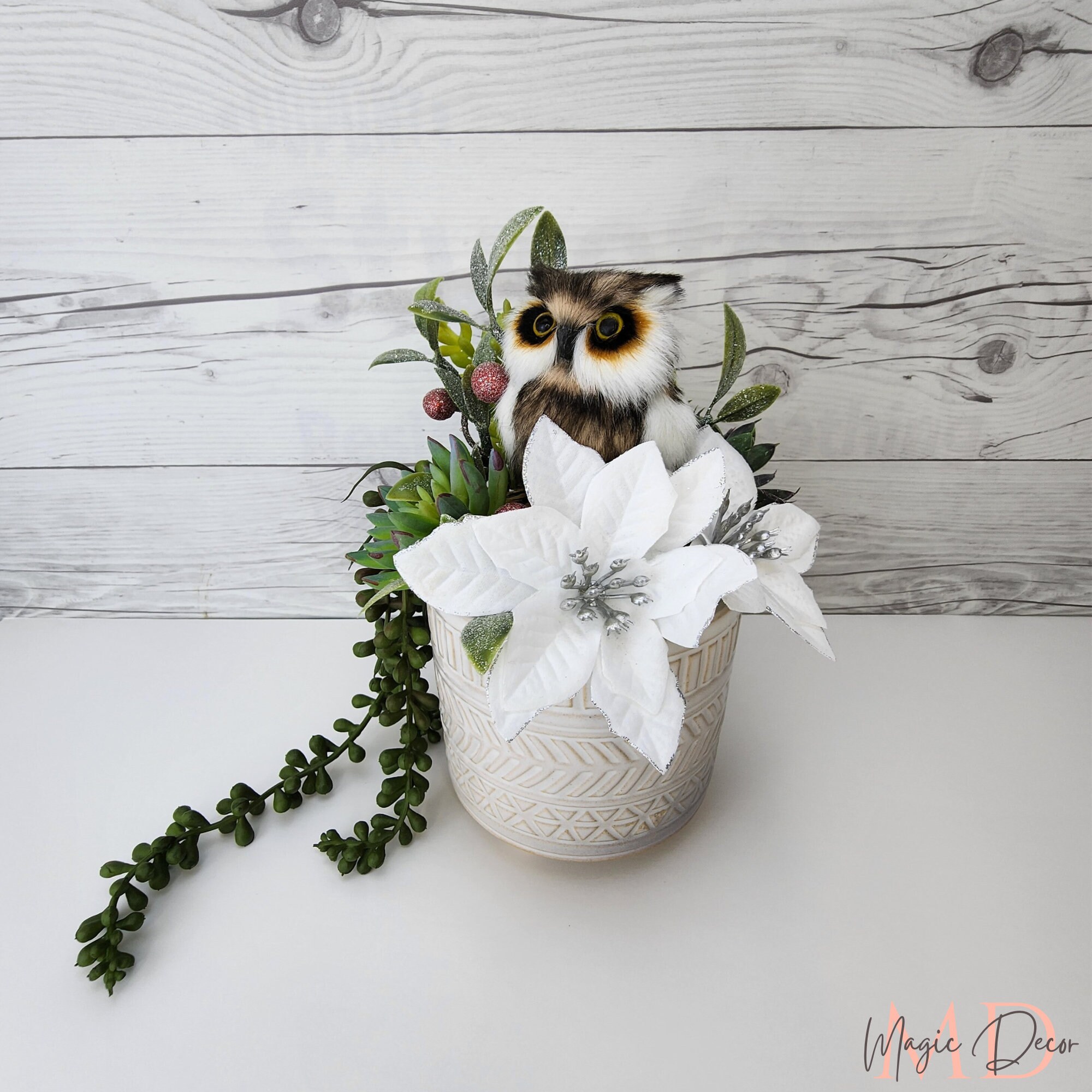 Owl Decoration, Planter With Owl and Flowers, Planter With Artificial ...