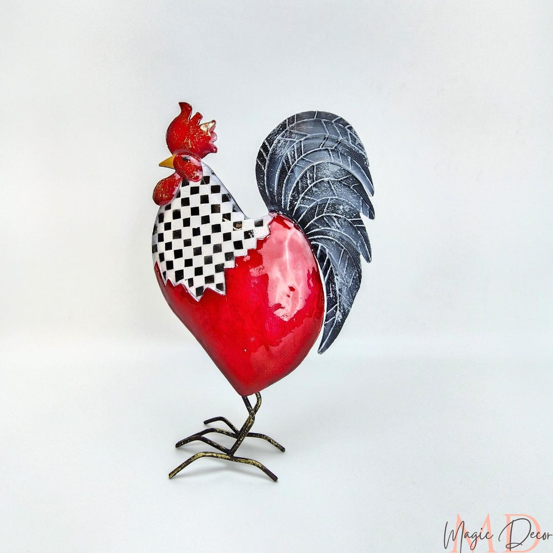 Checkered Red Rooster, Metal Rooster, Kitchen Decor, Gift, Farm Deco ...