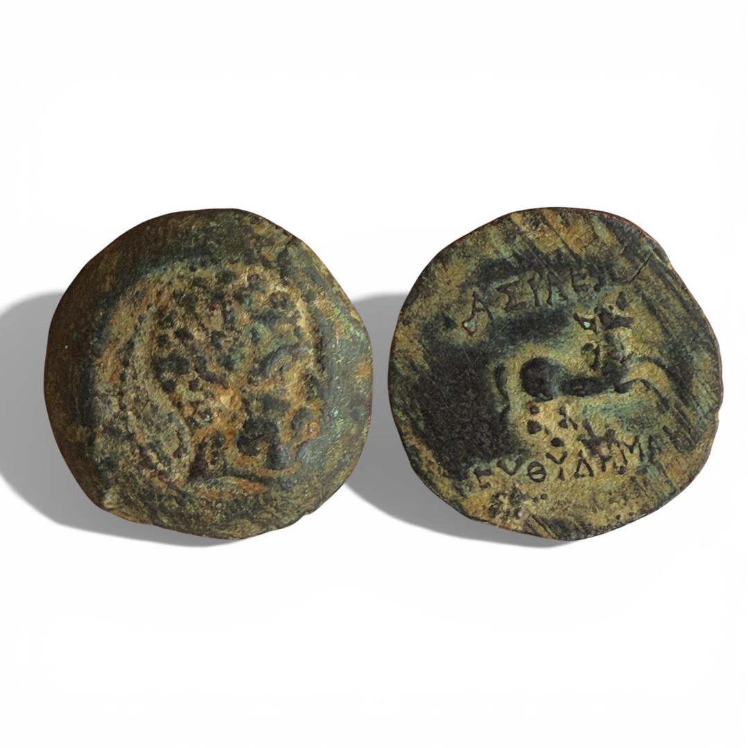 Greco-bactrian Kingdom; Euthydemos I | 225–200 BC | AE Double Unit | 8 ...