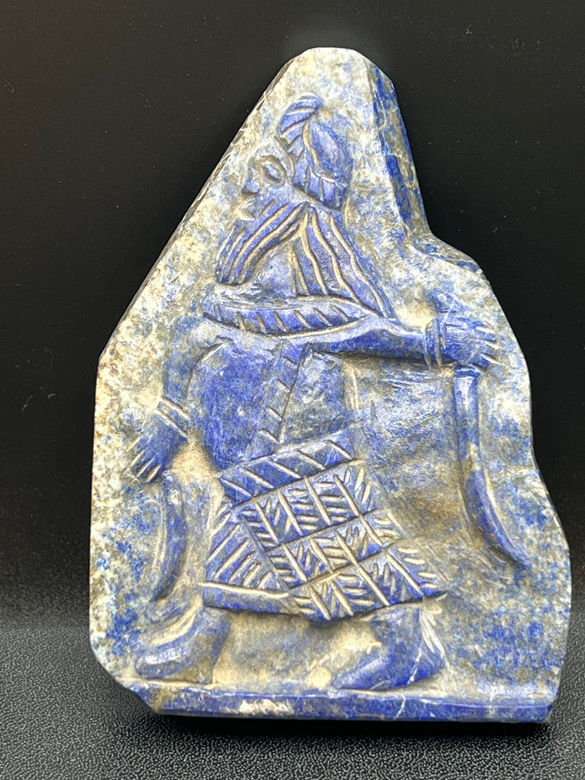 Vintage Engraved Lapiz Lazuli Stone, Intaglio King Statue With Two ...