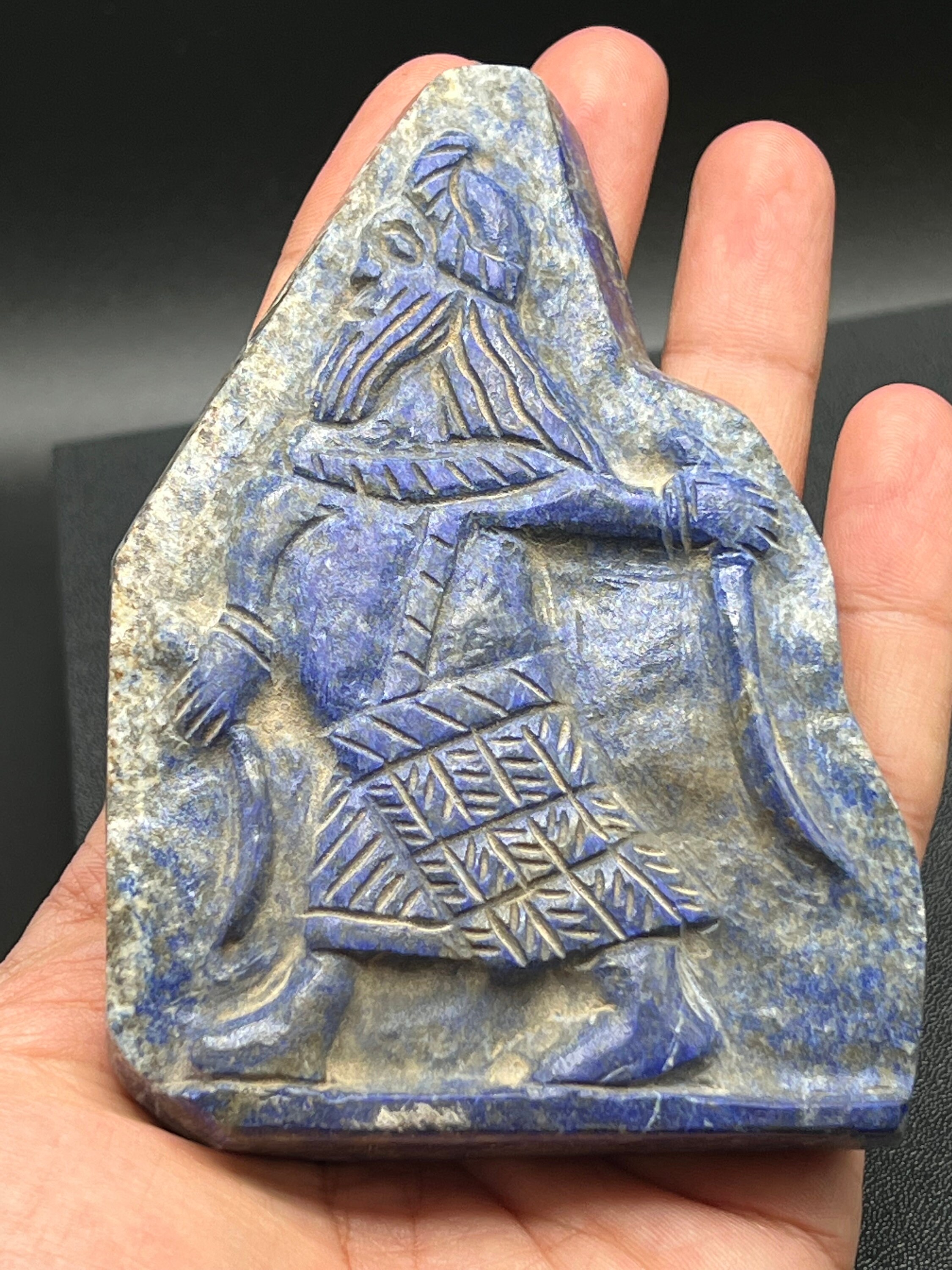 Vintage Engraved Lapiz Lazuli Stone, Intaglio King Statue With Two ...