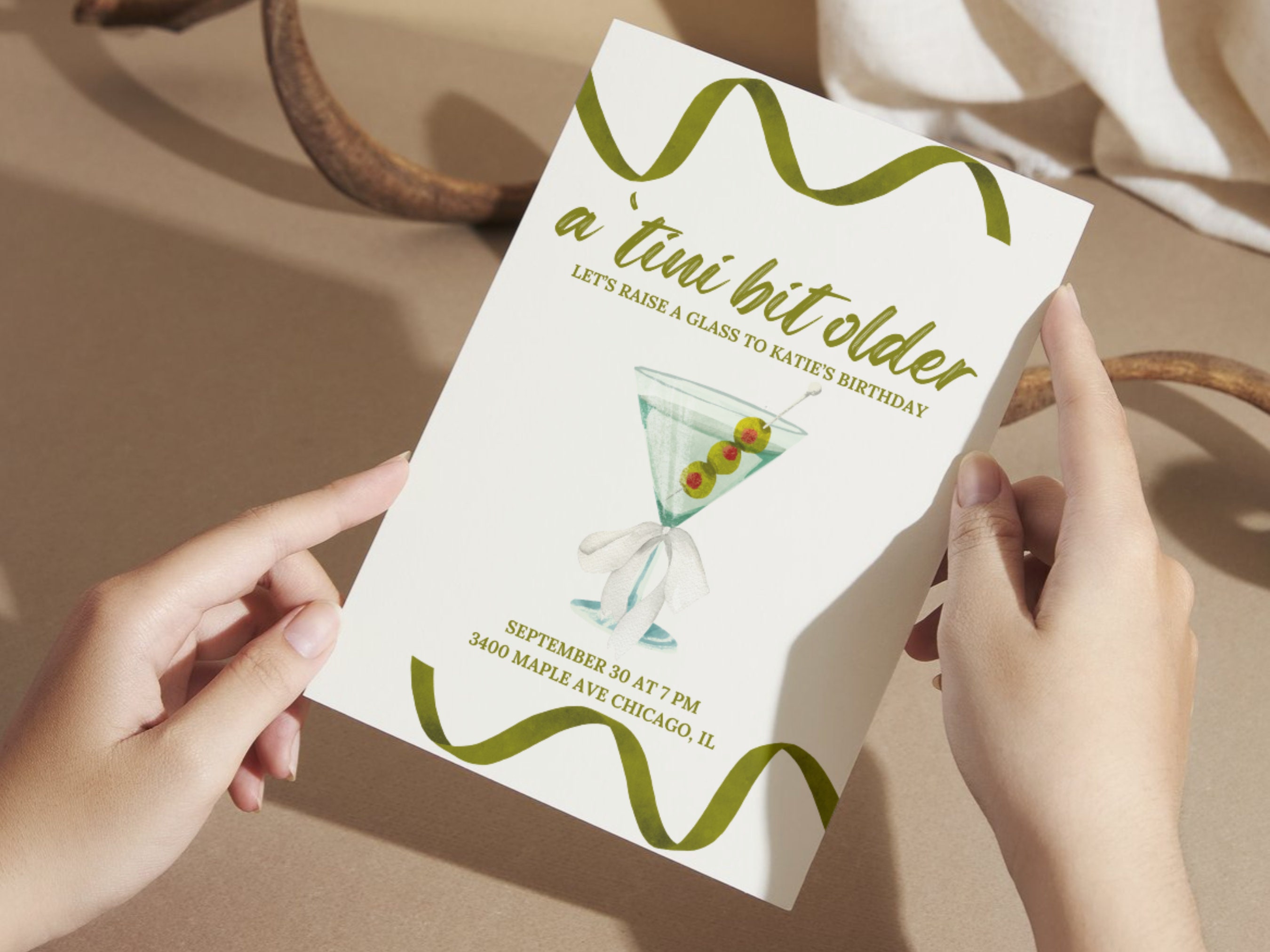 A Tini Bit Older Birthday Invitation, Bow Martini, Green Dirty 30 Party ...
