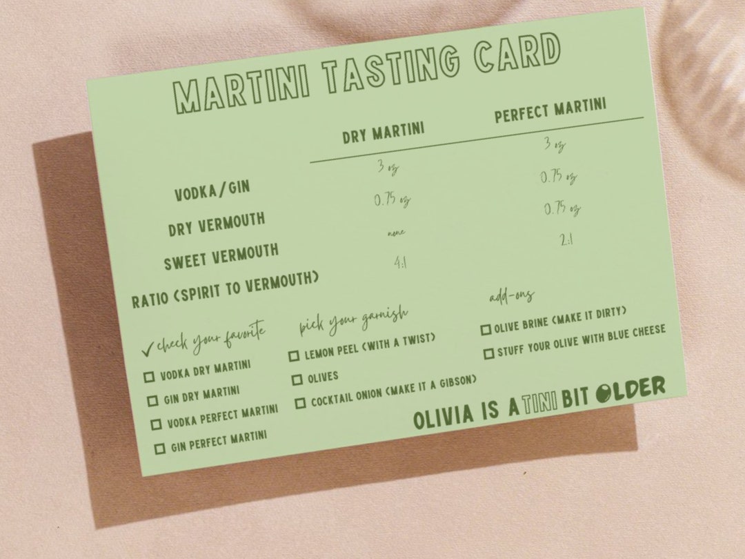 Martini Cocktail Tasting Card for A Tini Bit Older Birthday, Dirty 30 ...