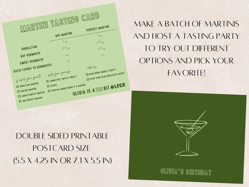 Martini Cocktail Tasting Card for A Tini Bit Older Birthday, Dirty 30 ...