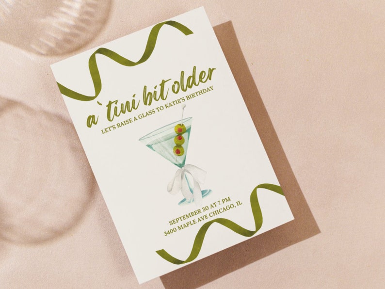 A Tini Bit Older Birthday Invitation, Bow Martini, Green Dirty 30 Party ...