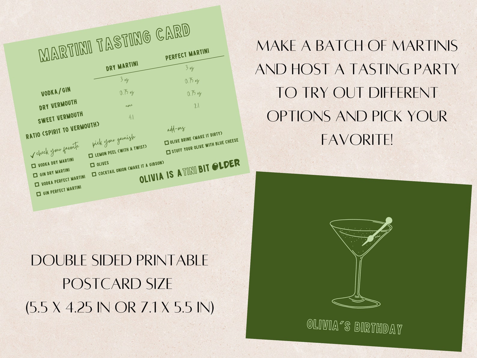 Martini Cocktail Tasting Card for A Tini Bit Older Birthday, Dirty 30 ...