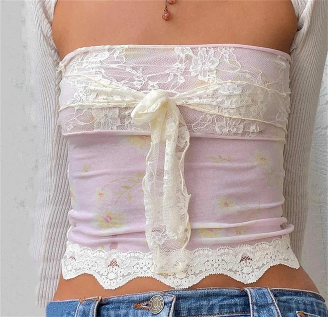 Buy Lace Panel Strapless off Shoulder Tank Top Women's Grunge Cropped ...