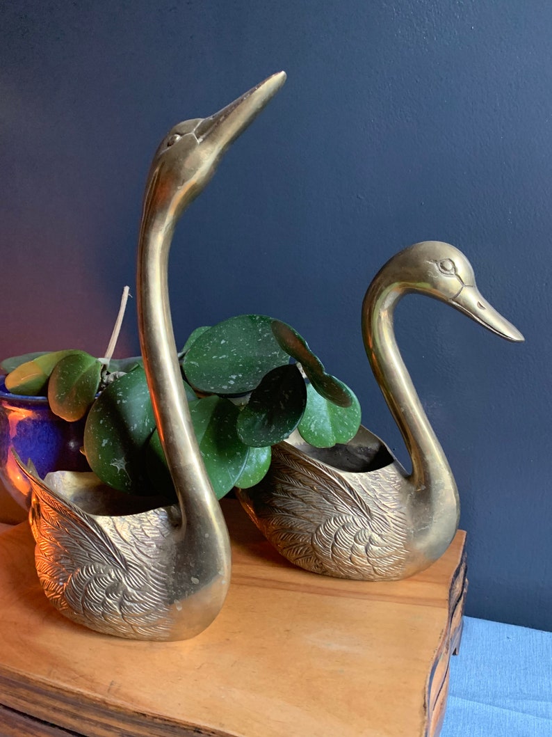 Pair Large Vintage Solid Brass Swan Planters - Etsy