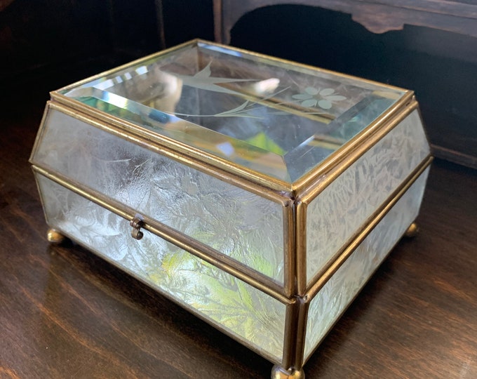 Vintage Etched Glass Mirror Jewelry Trinket Box - Etsy