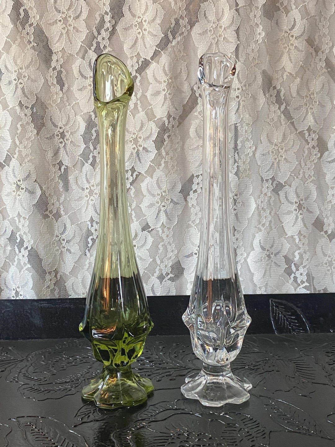 Vintage Fenton Swung Glass Vases Green Clear Collectible Pair Etsy