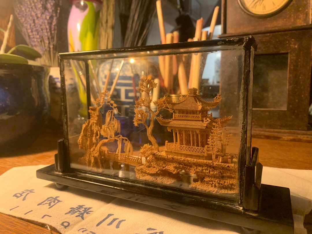 Vintage Asian Cork Carved Diorama in Glass Case - Etsy