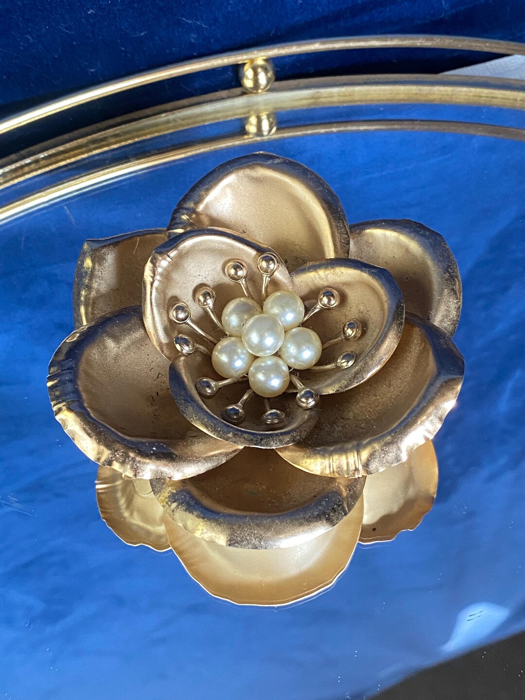 Large Vintage MCM Flowers Brooch or Pendant With Gold Metal Petals and ...