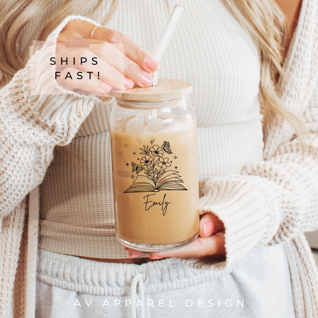 Personalized Book Lover Cute Book Gift Glass Cup With Lid Gift Iced ...