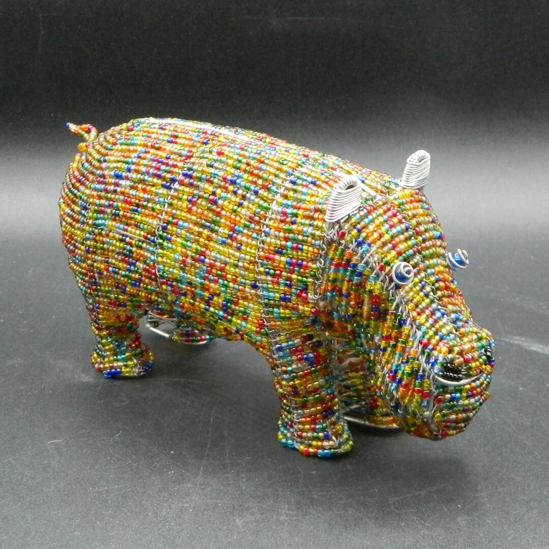 South African Handcrafted Wire and Multi-color Bead Hippo, 4.25"h X 7.5 ...