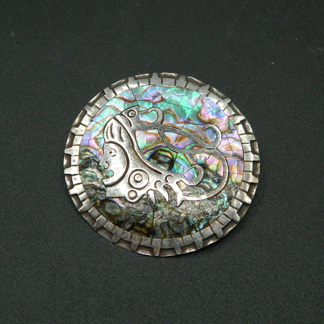 SS925 Aztec God Brooch Pendant With Shell Inlay, Mexico - Etsy