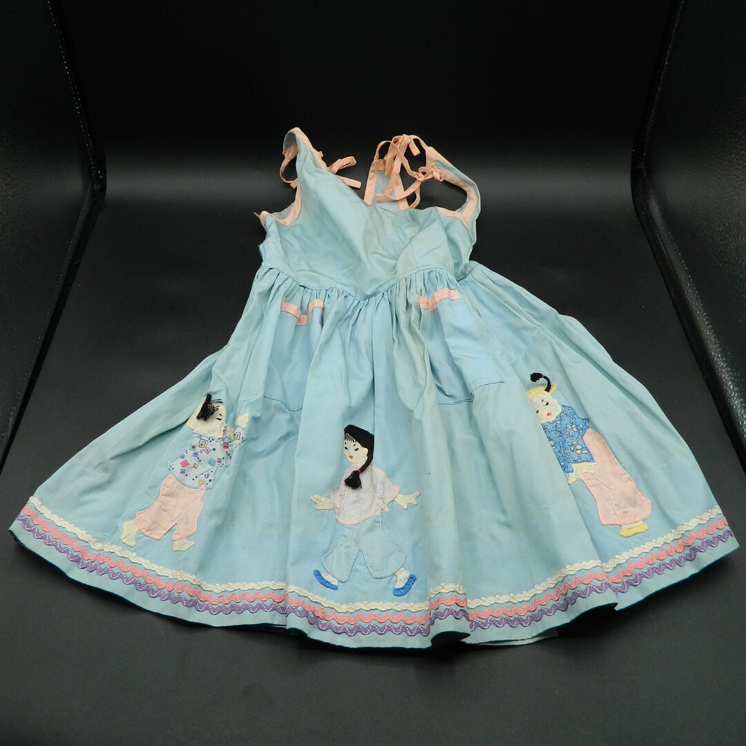 Girl's Vintage Blue Wrap-around Sundress With Asian Figures 1950's - Etsy