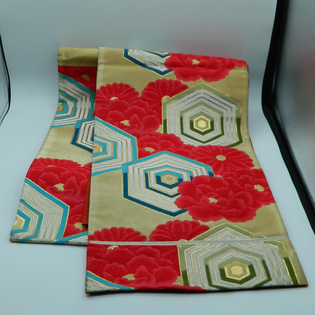 Japanese Obi Embroidered With Red Flowers and Hexagons on a Moire ...