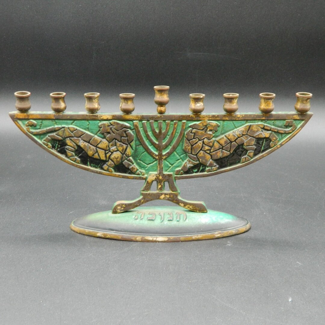 Menorah Solid Brass With Green Enamel, Double Lion and Hebrew Writing ...