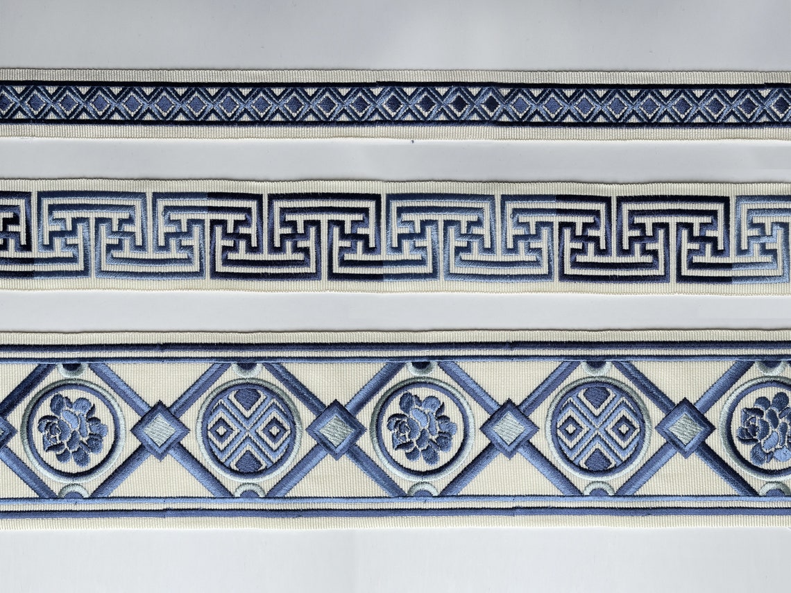 Blue Embroidery Trim, Geometric Pattern Trim, Curtain Trim, Decorative ...