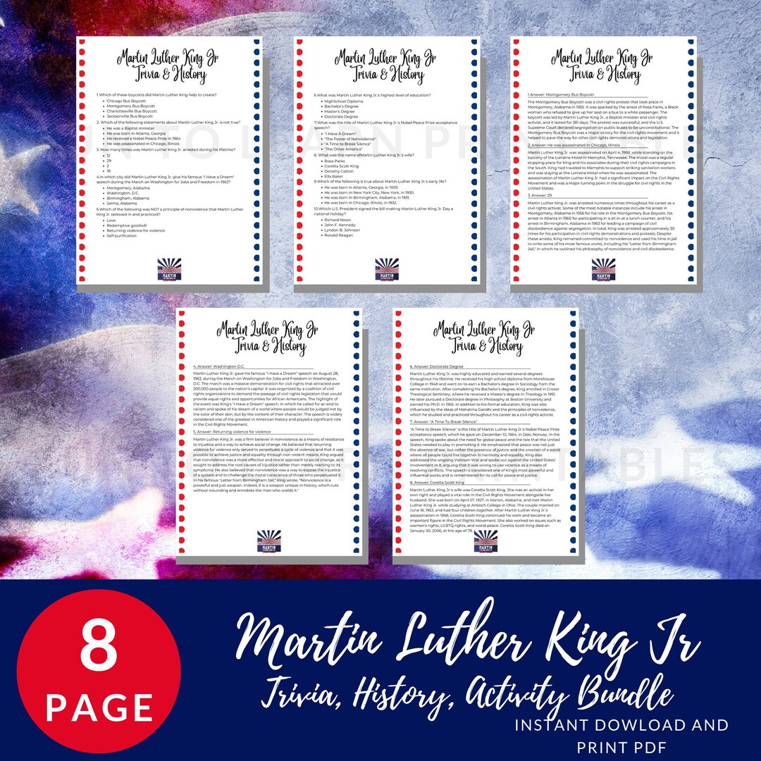 Martin Luther King Day Trivia, History, Activity Bundle. 9 Pages ...