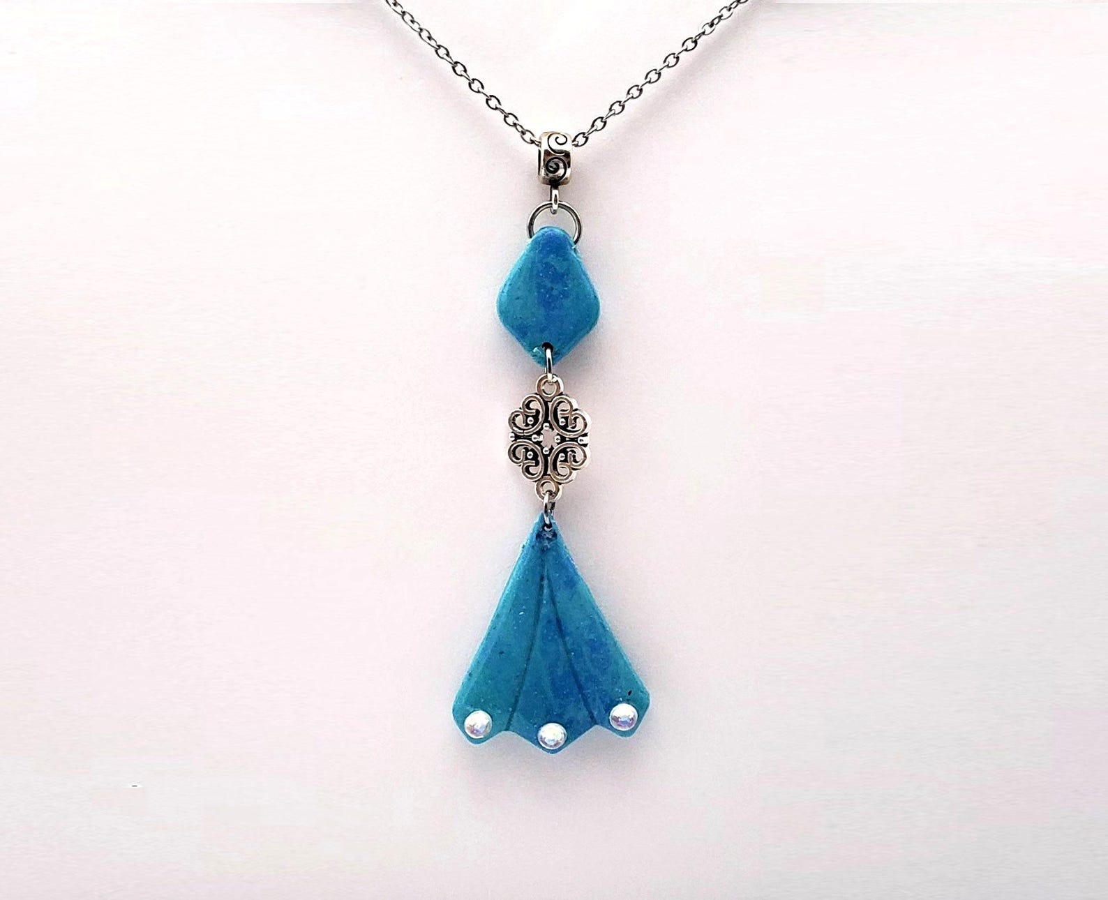 Scalloped Bottom Triangle Shaped Pendant With Silver Charm Connector - Etsy