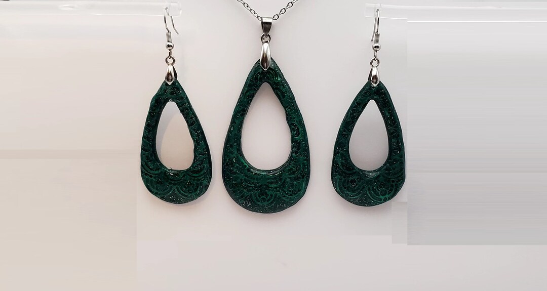 Green Teardrop Shaped Pendant and Earrings With Cutout - Etsy