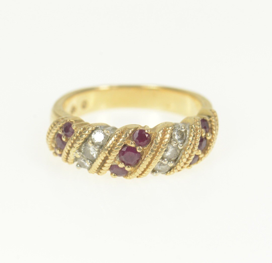 Vintage 14K Ruby Diamond Twist Dome Style Statement Band Yellow Gold ...