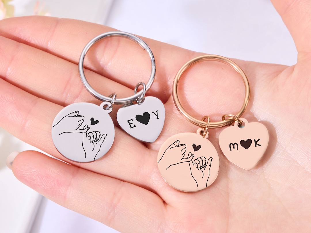 Custom Couple Keychain Personalized Gift for Boyfriend Girlfriend Keychains Engraved Pinky ...