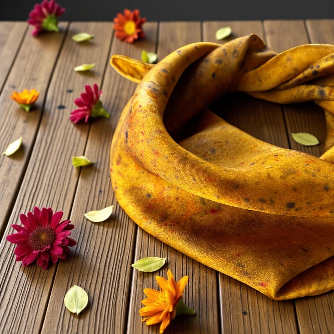 Botanical Dye Silk Bandana, Marigold Cochineal Sequoia Cosmos, 21.5 ...
