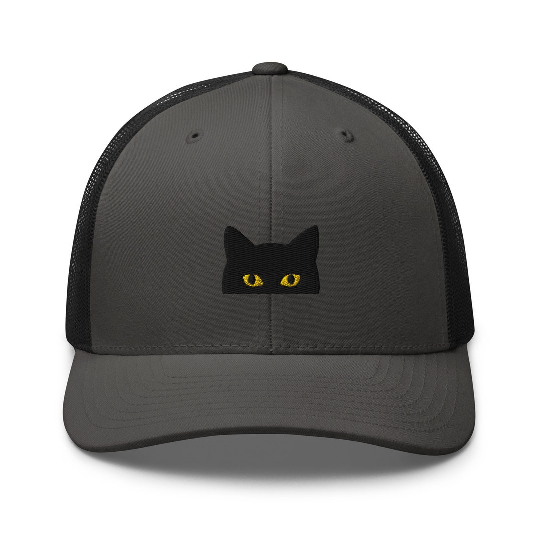 Peeking Black Cat Embroidered Trucker Hat, Cotton Baseball Cap, Cat Mom ...