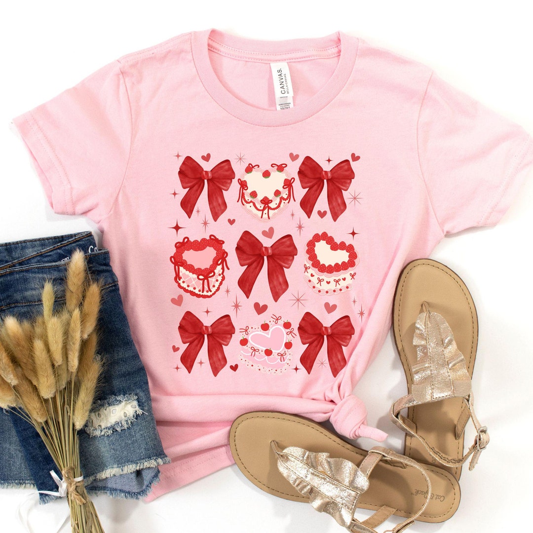 Trendy Pink Heart Cake Valentine T-shirt for Girl With Bow Cute ...