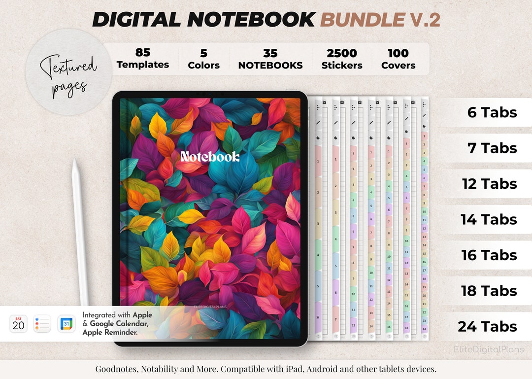 Digital Notebook Bundle With 6, 7, 12, 14, 16, 18, 24 Tabs. Student ...