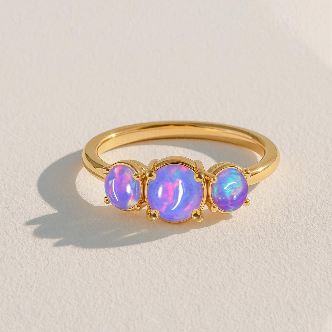 Lavender Opal Three Stone Statement Ring, Genuine Opal Gemstone Gold ...