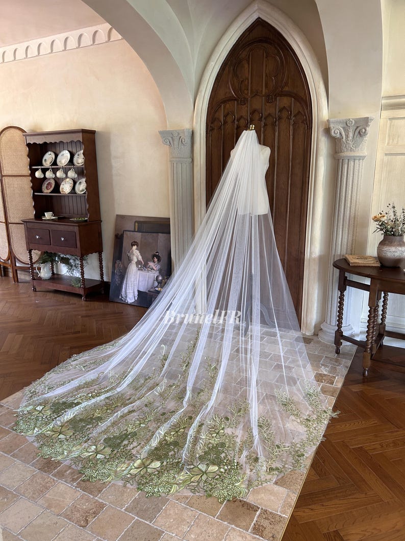 Green Botanical Veil Cathedral Veil Wedding Bridal Wedding Veil Custom ...