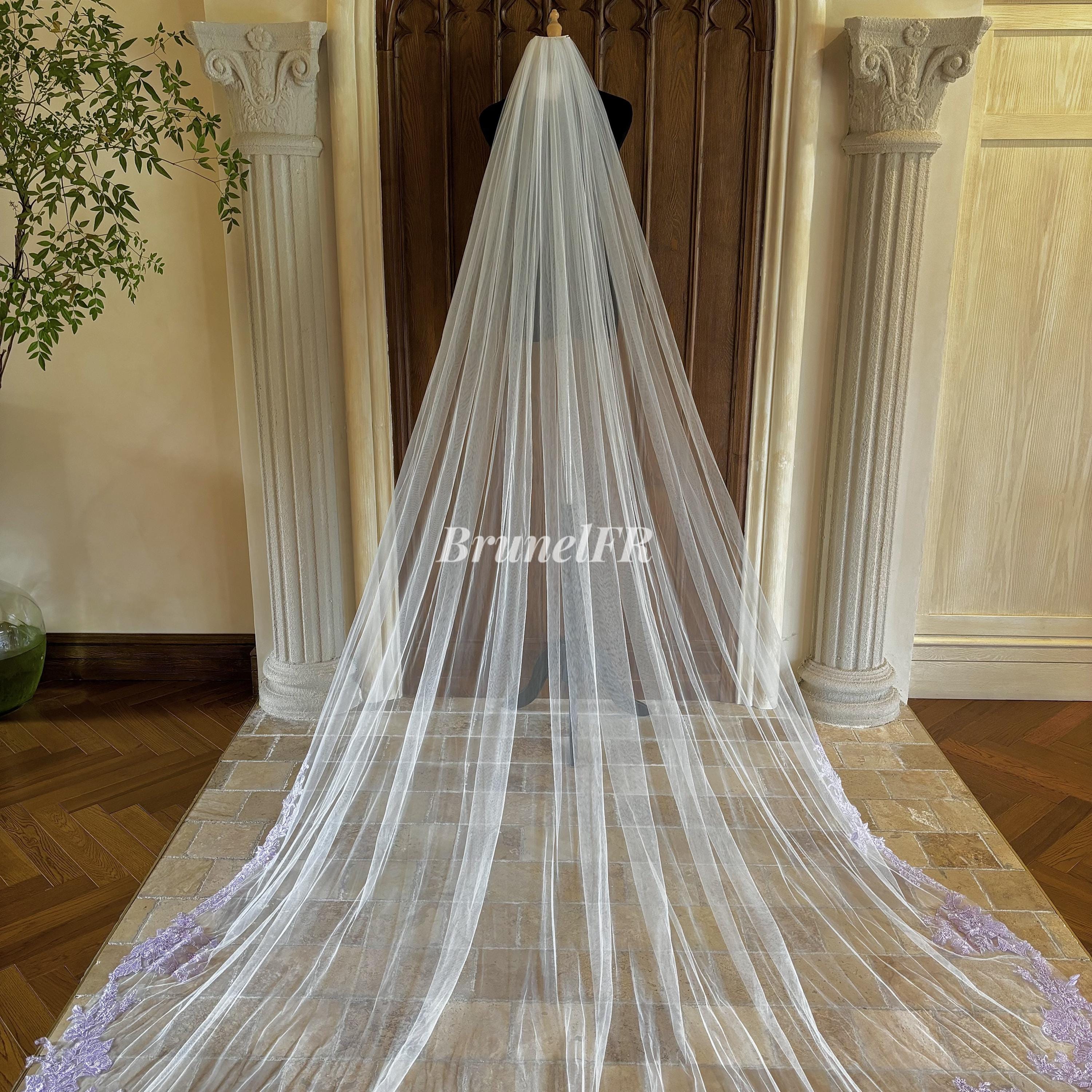 Dreamy Purple Lace Floral Veil Beaded Applique Wedding Veil Bridal Veil ...