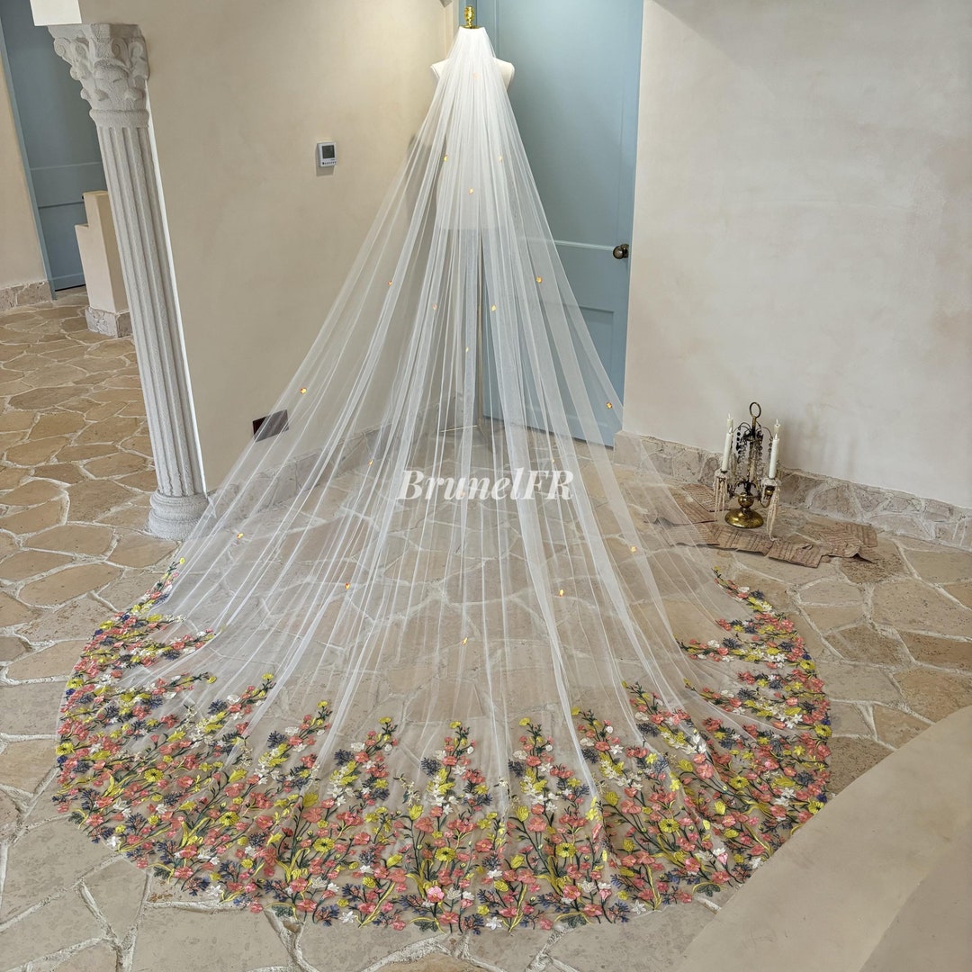 Yellow Pink Wildflower Veil Colorful Veil Single Layer Veil Bridal ...