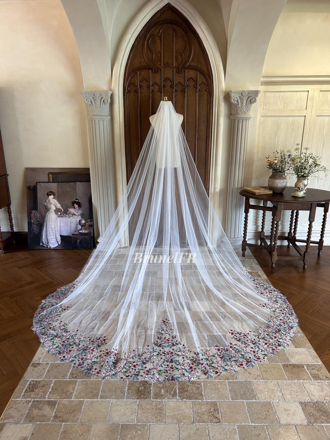 Red Plants Veil Fancy Applique Flowery Veil Cathedral Veil Wedding ...