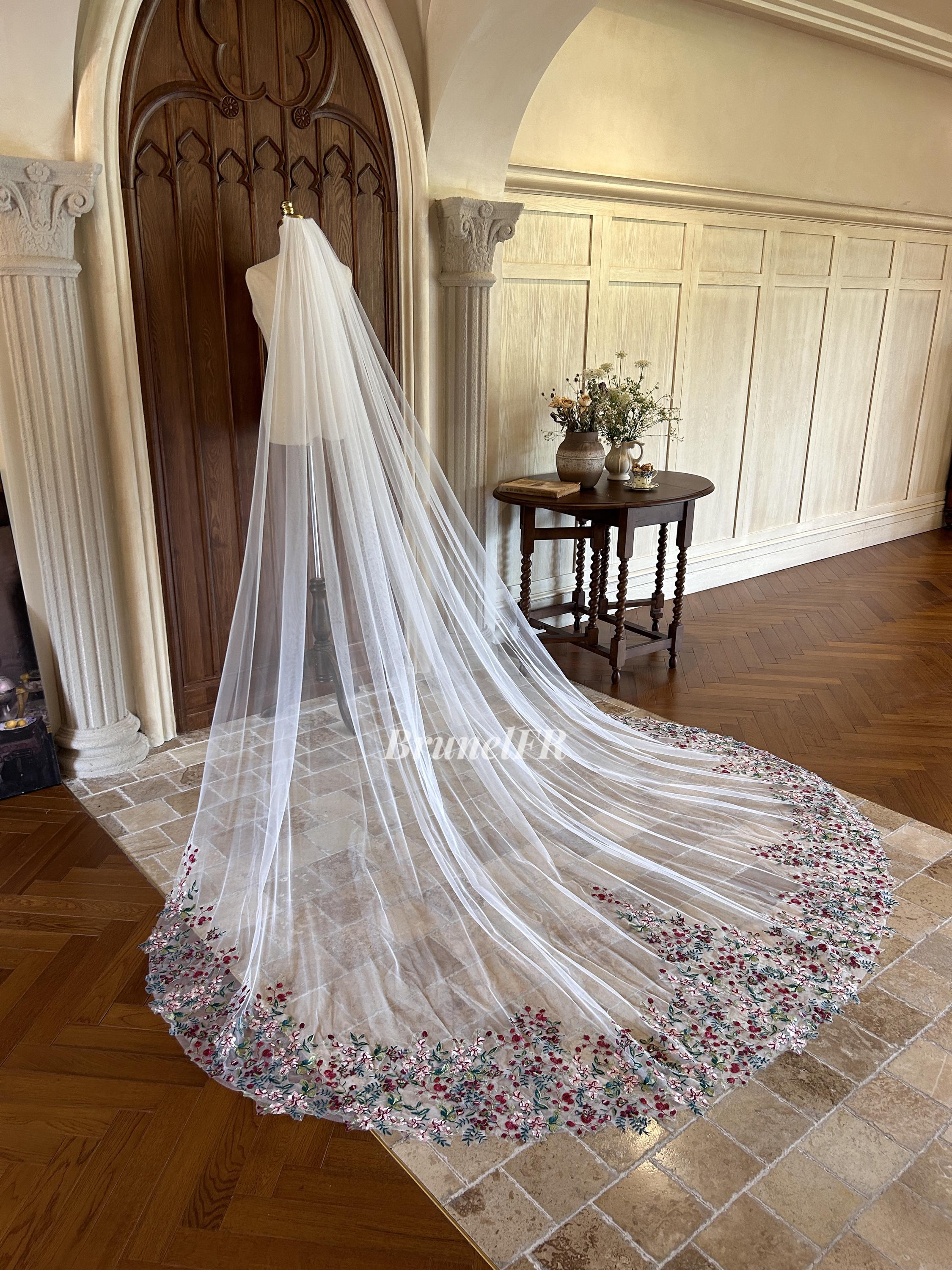 Red Plants Veil Fancy Applique Flowery Veil Cathedral Veil Wedding ...