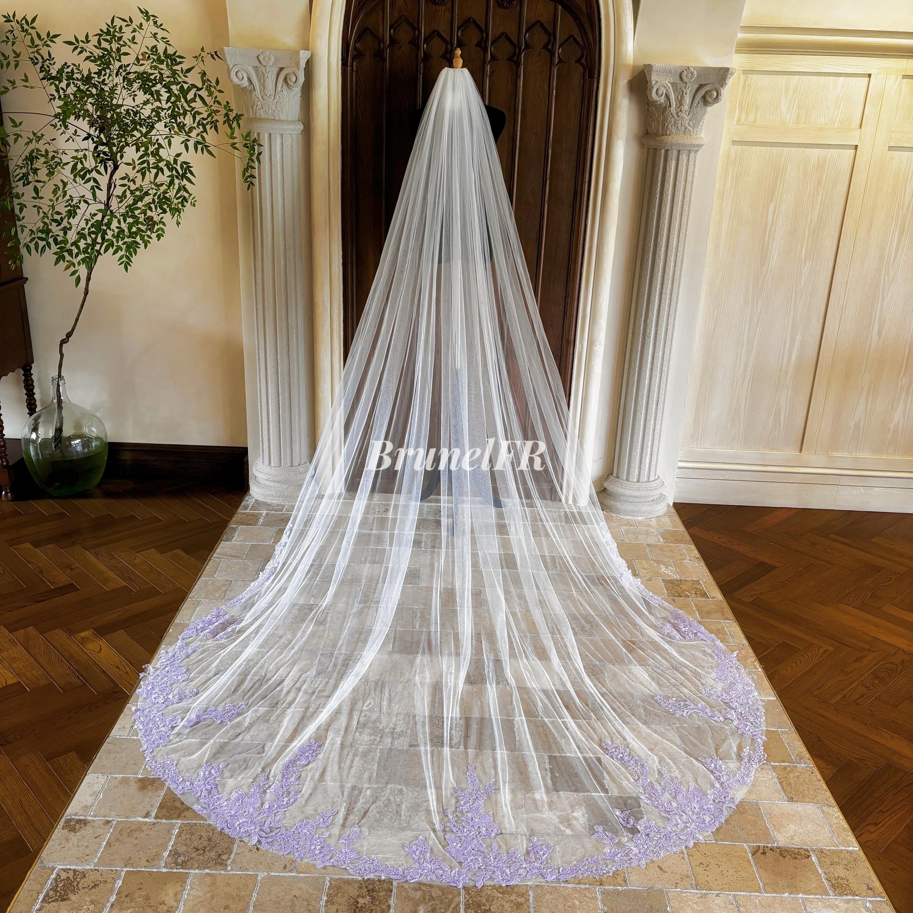 Dreamy Purple Lace Floral Veil Beaded Applique Wedding Veil Bridal Veil ...