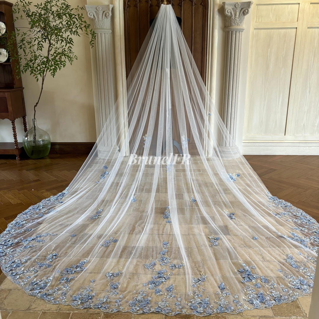 Beading Blue Flower Veil Cathedral Veil Wedding Bridal Veil Custom ...