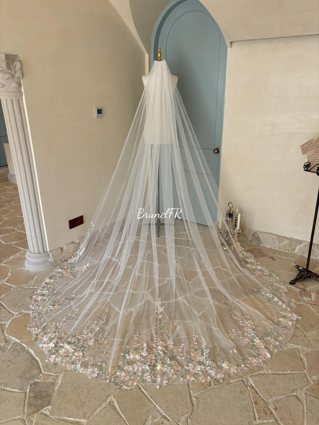 Bloomy Colorful Floral Veil Lace Edge Veil Cathedral Veil Ivory Tulle ...