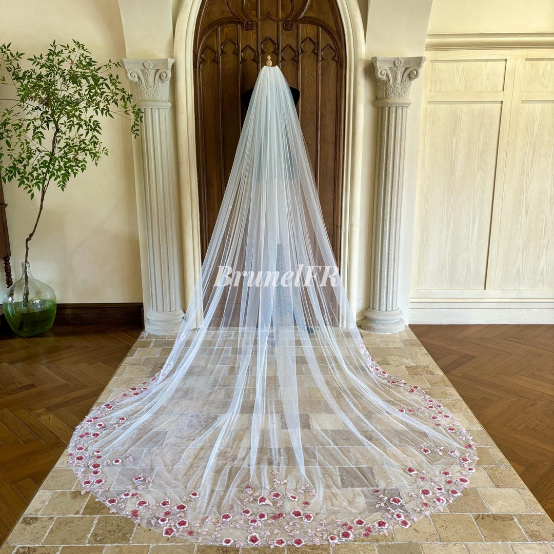 Stunning Sequin Flower Veil Cherry Red Floral Wedding Bridal Veil ...