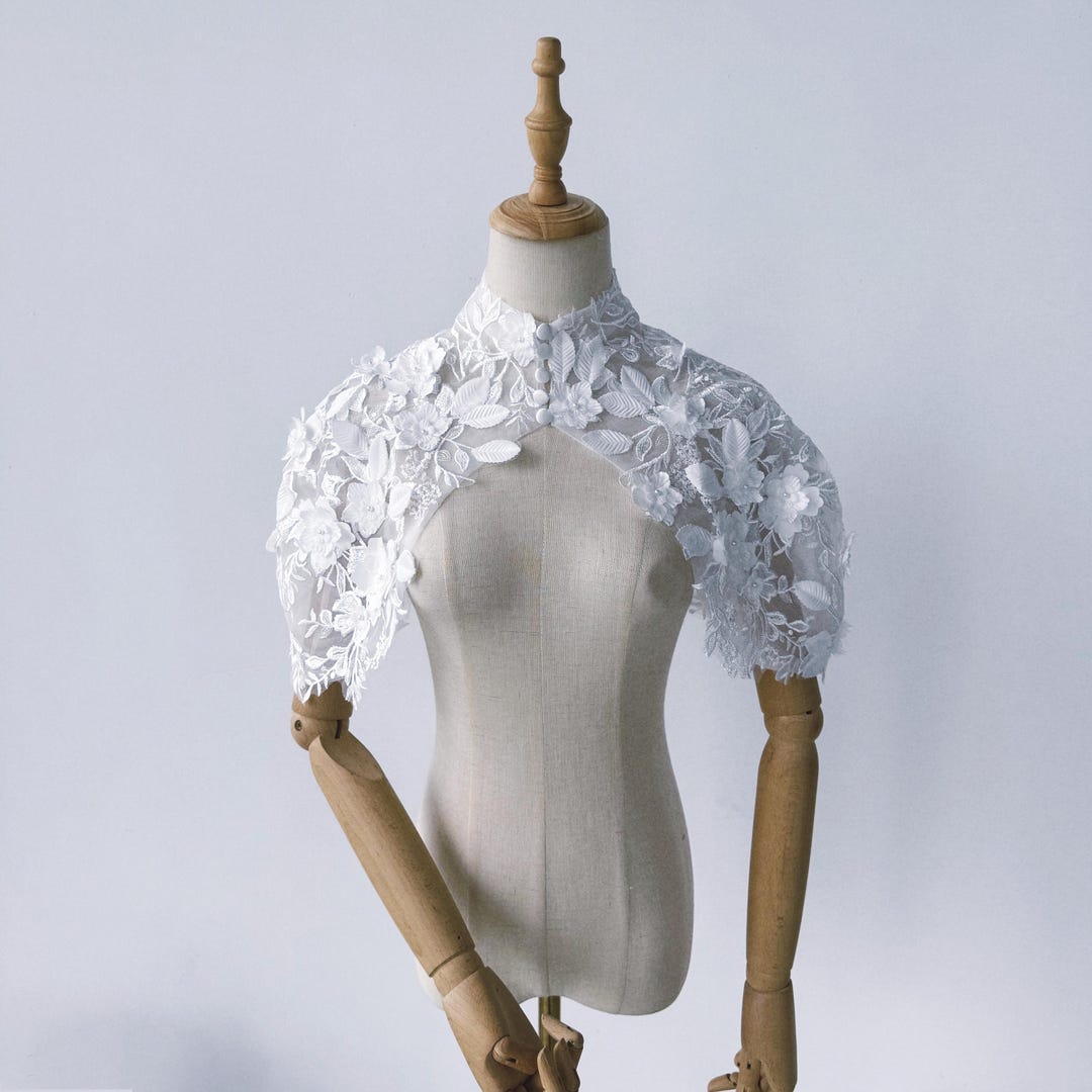 Floral Lace Wedding Bolero 3D Flowers Lace Cape With Pearls Bridal ...