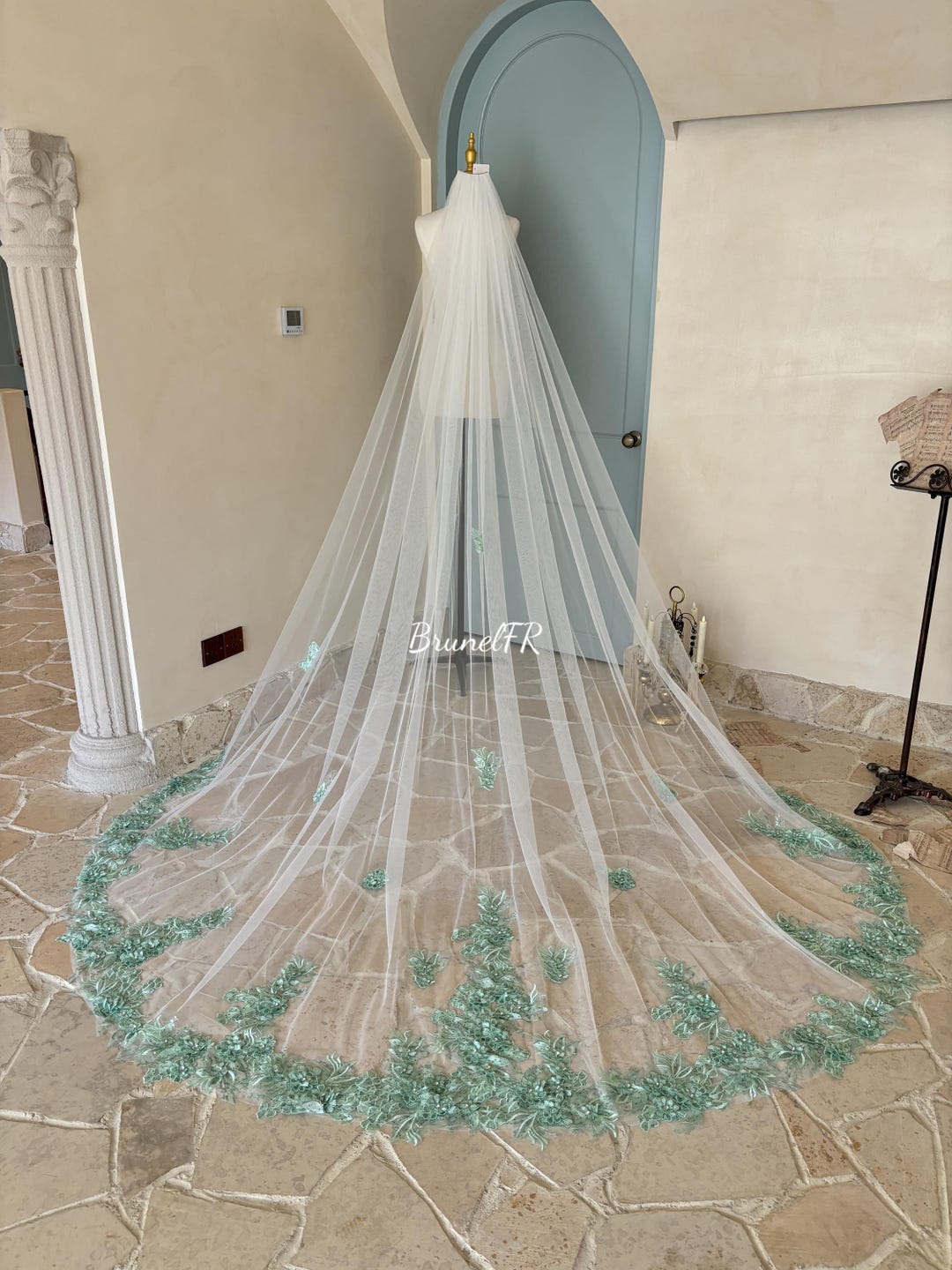 Mint Green Flower Veil With Rhinestone Elegant Lace Veil Cathedral Veil ...