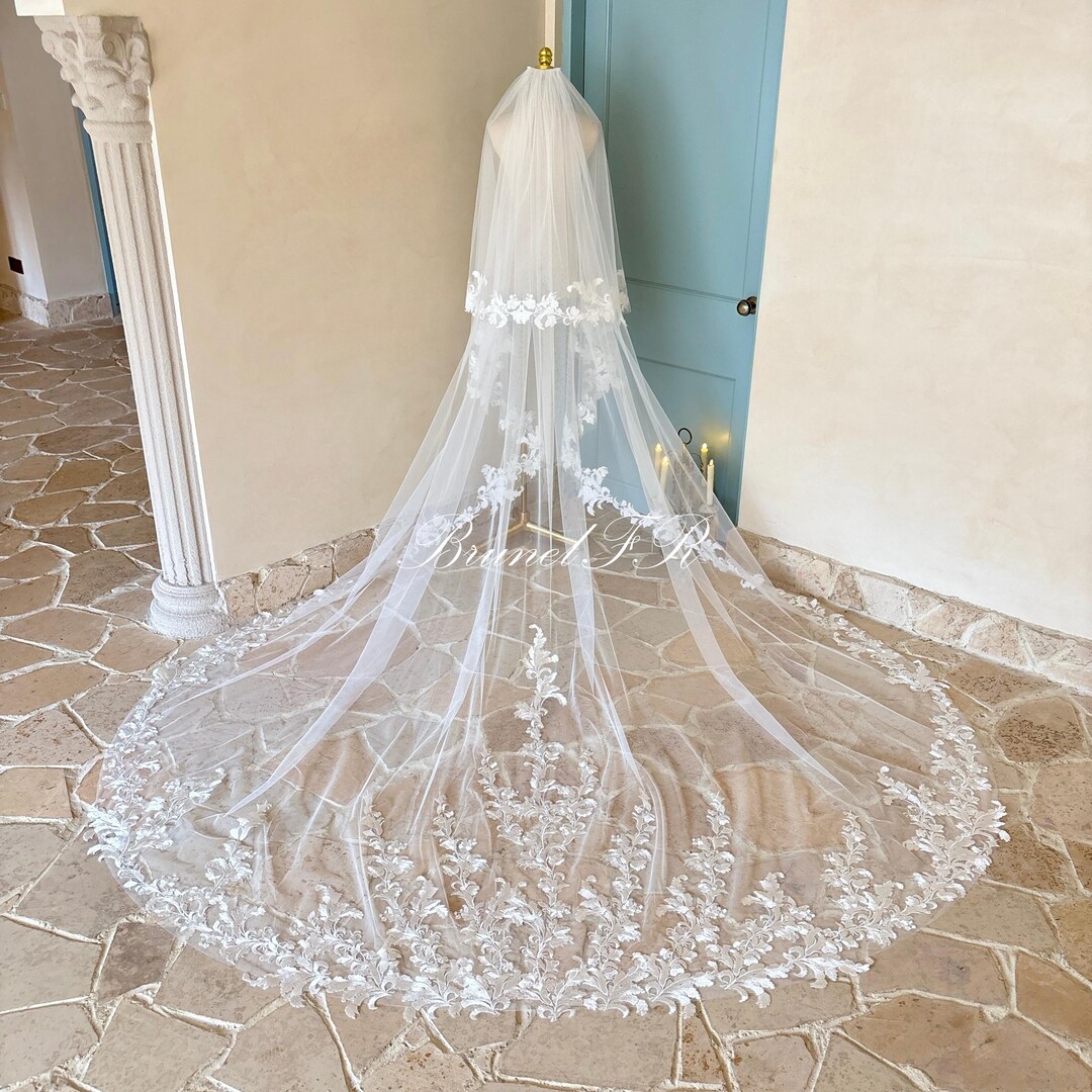 Floral Lace Blusher Wedding Veil, Elegant Bridal Cathedral Veil, Two ...