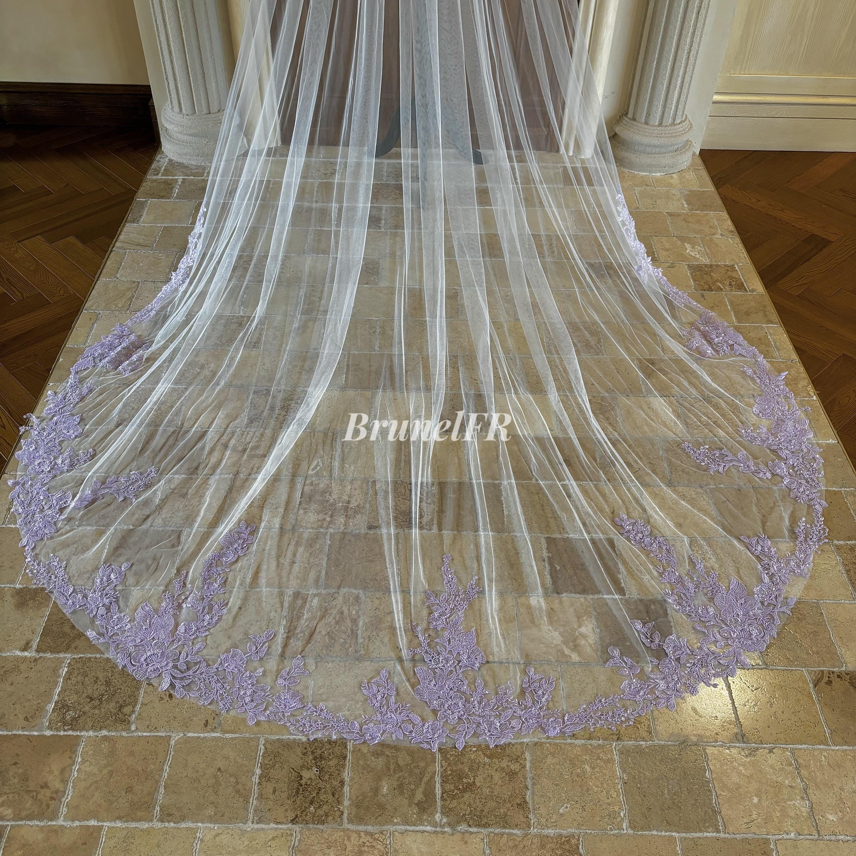 Dreamy Purple Lace Floral Veil Beaded Applique Wedding Veil Bridal Veil ...
